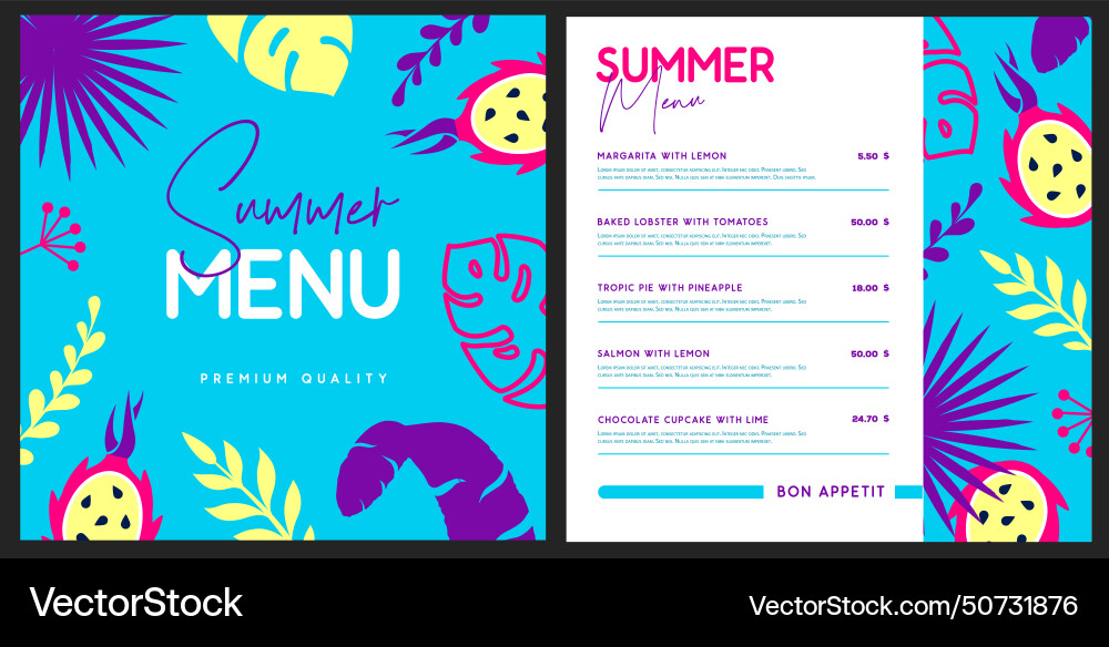 Summer restaurant menu design with tropic leaves Vector Image