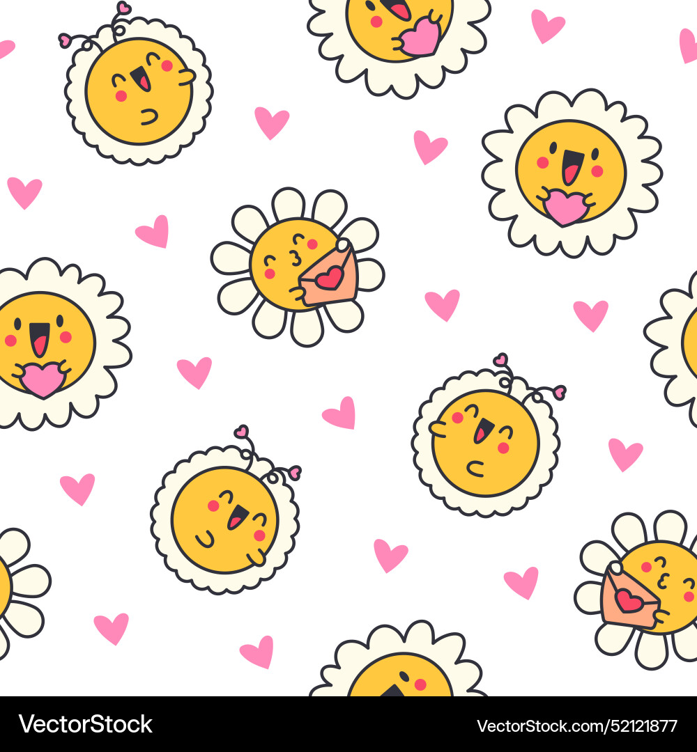 Cute kawaii chamomile seamless pattern Royalty Free Vector