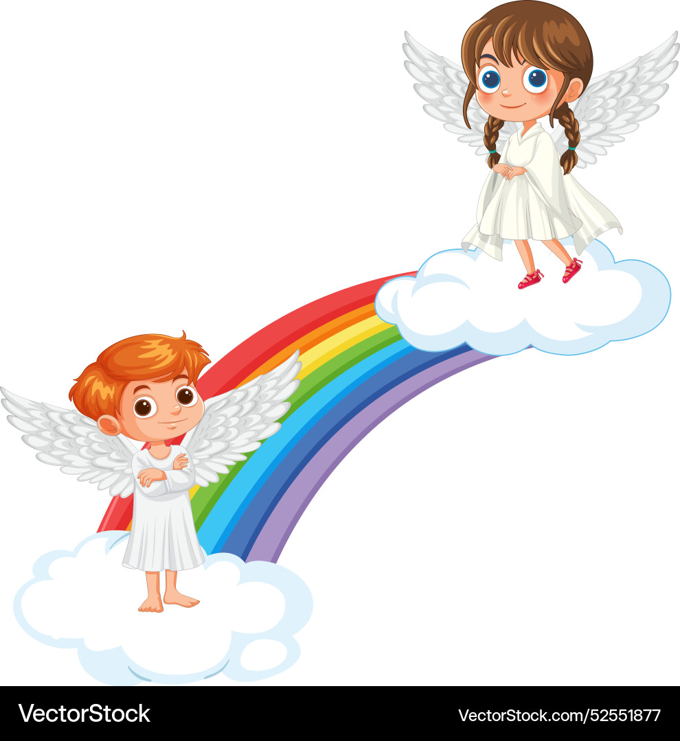 Two angels standing on clouds and rainbow Vector Image