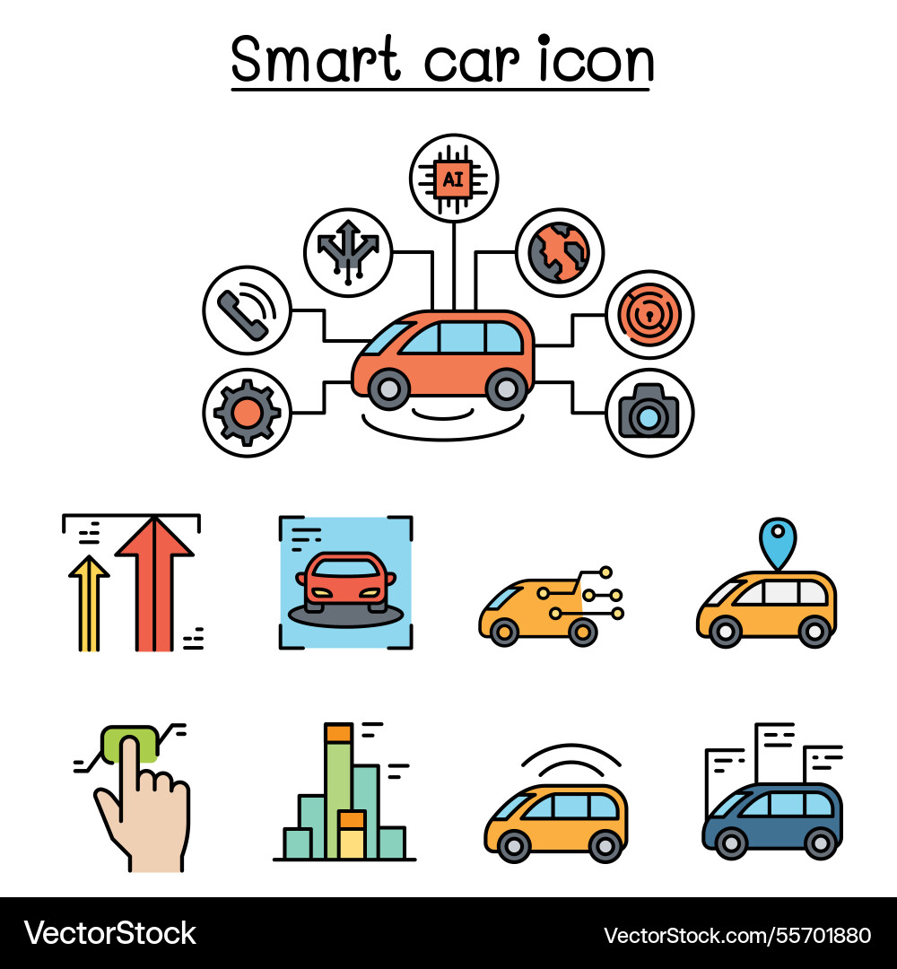 Smart car icon set in colorline style Royalty Free Vector