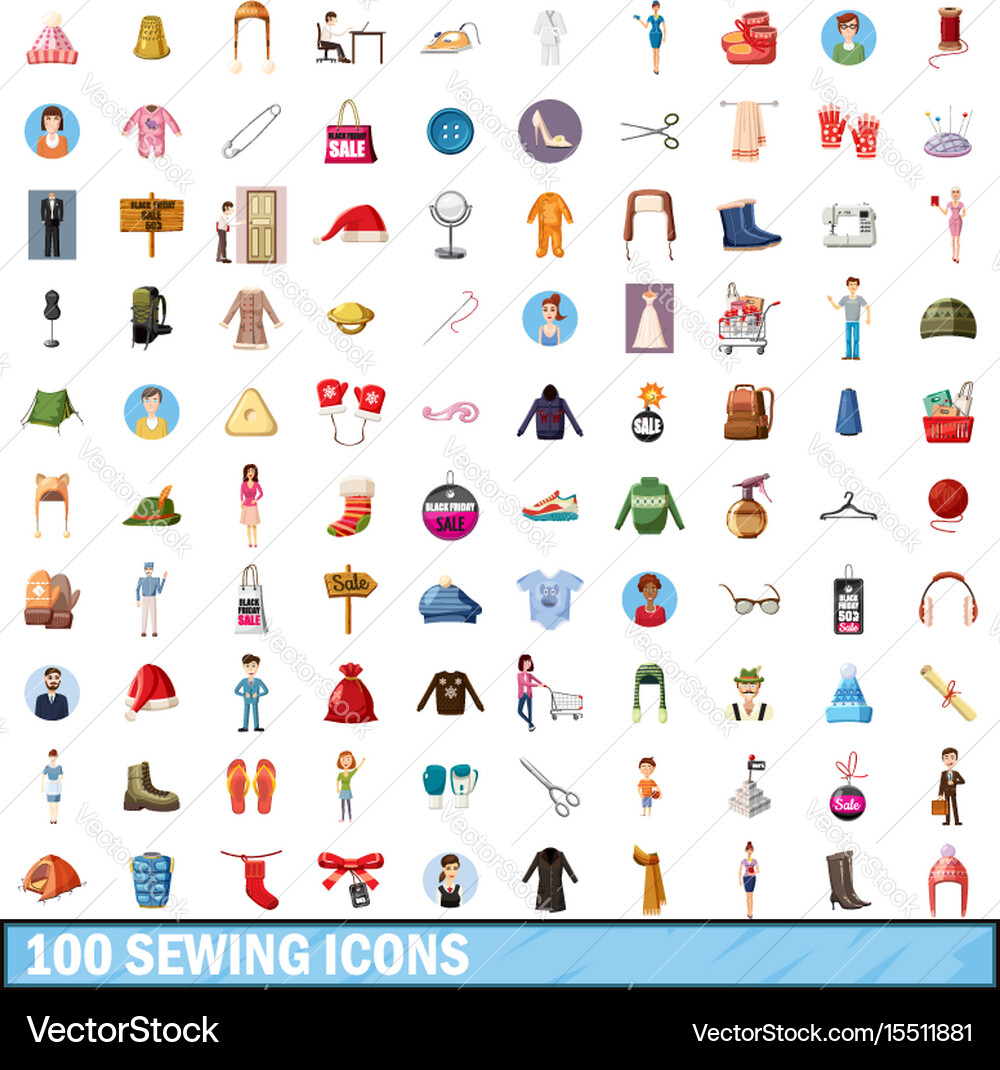 100 sewing icons set cartoon style Royalty Free Vector Image