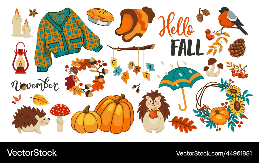 Doodle autumn cute hello fall stickers turkey Vector Image