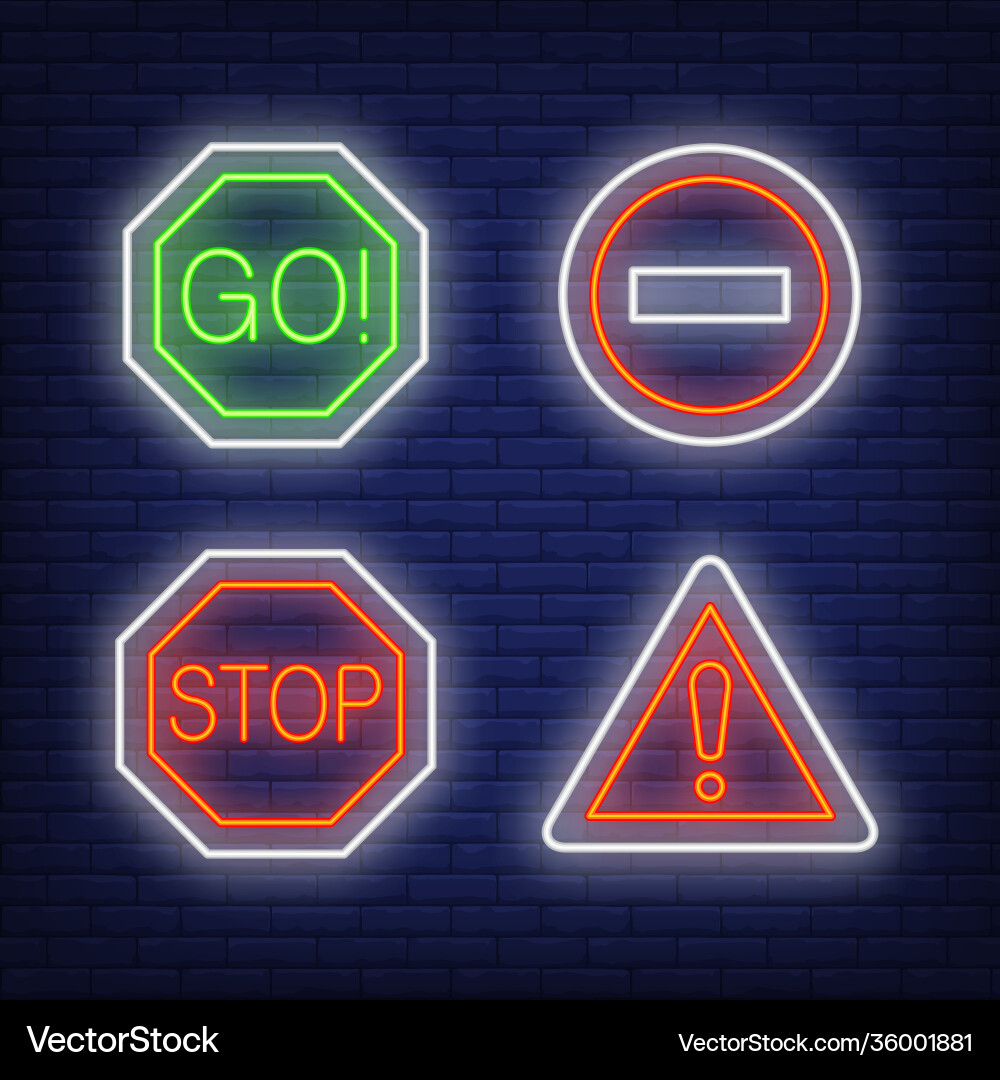 Exclamation mark go and stop traffic neon signs Vector Image