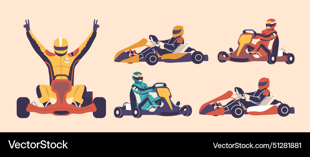 Kart racing set with multiple racers Royalty Free Vector