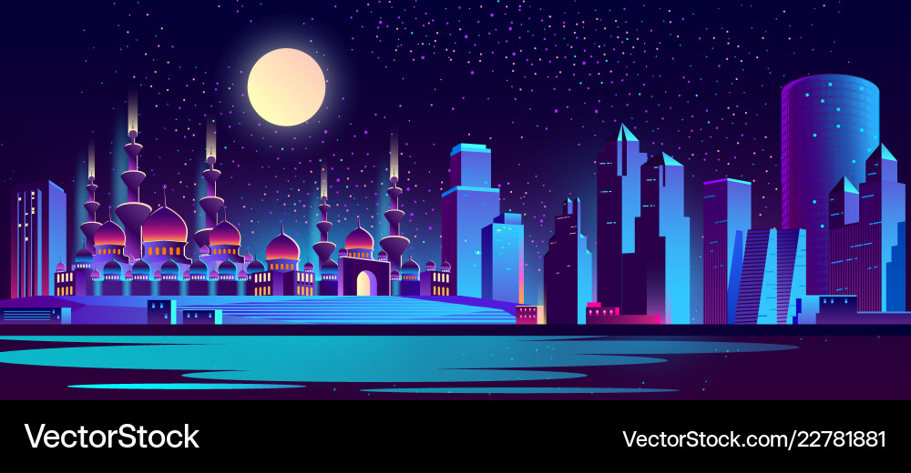 Night city background with muslim mosque Vector Image