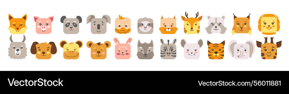 Square animal faces icon set flat clipart Vector Image