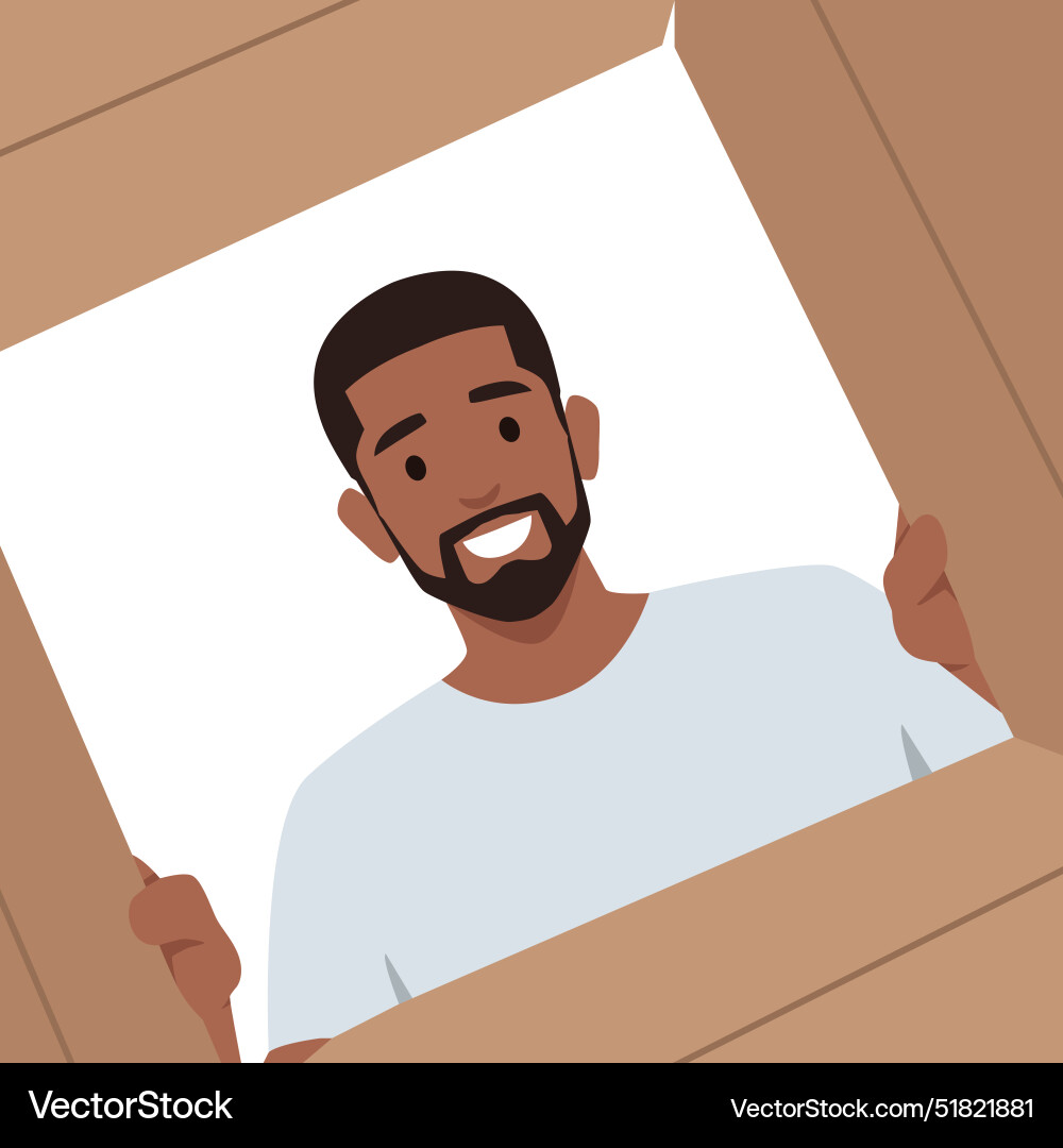 Young man unpacking opening carton box Royalty Free Vector