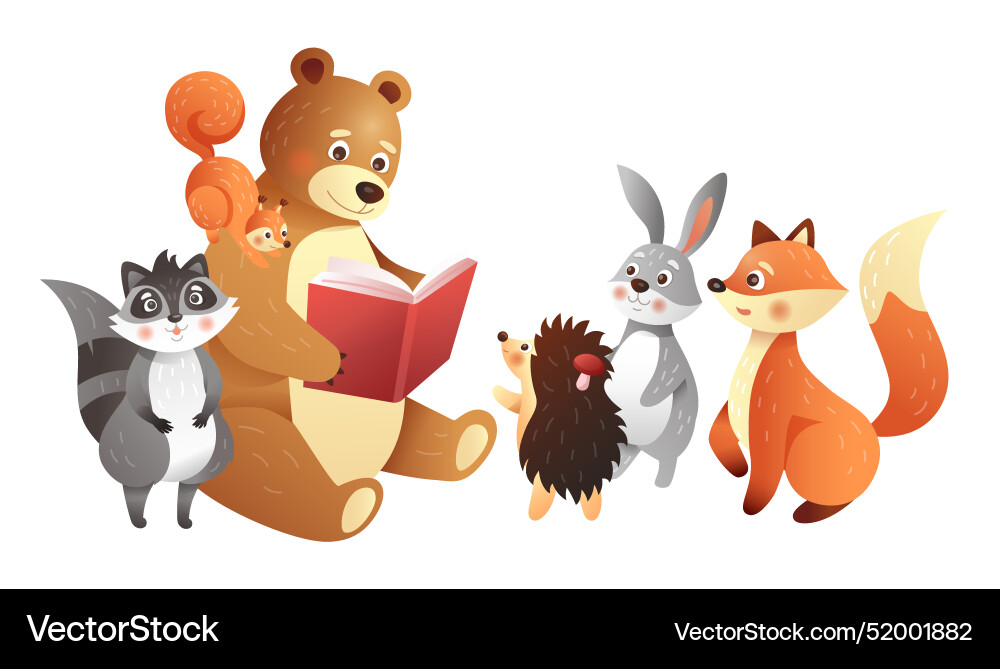Forest animals cartoon characters read book cute Vector Image