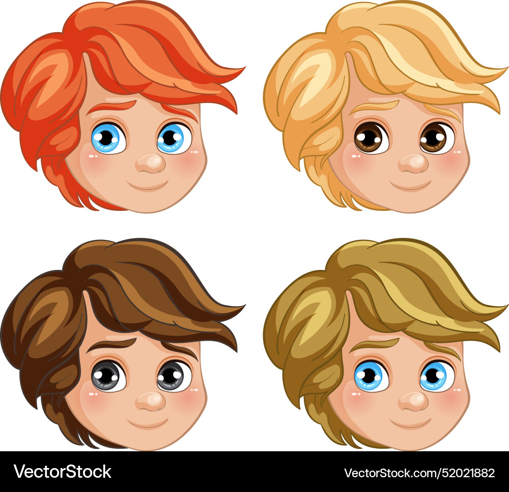 Four cartoon boy faces with different hair colors Vector Image