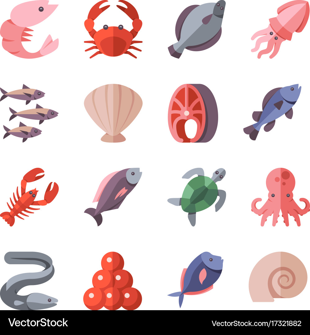 Seafood Flat Icons - Fish & Shellfish Vector Image