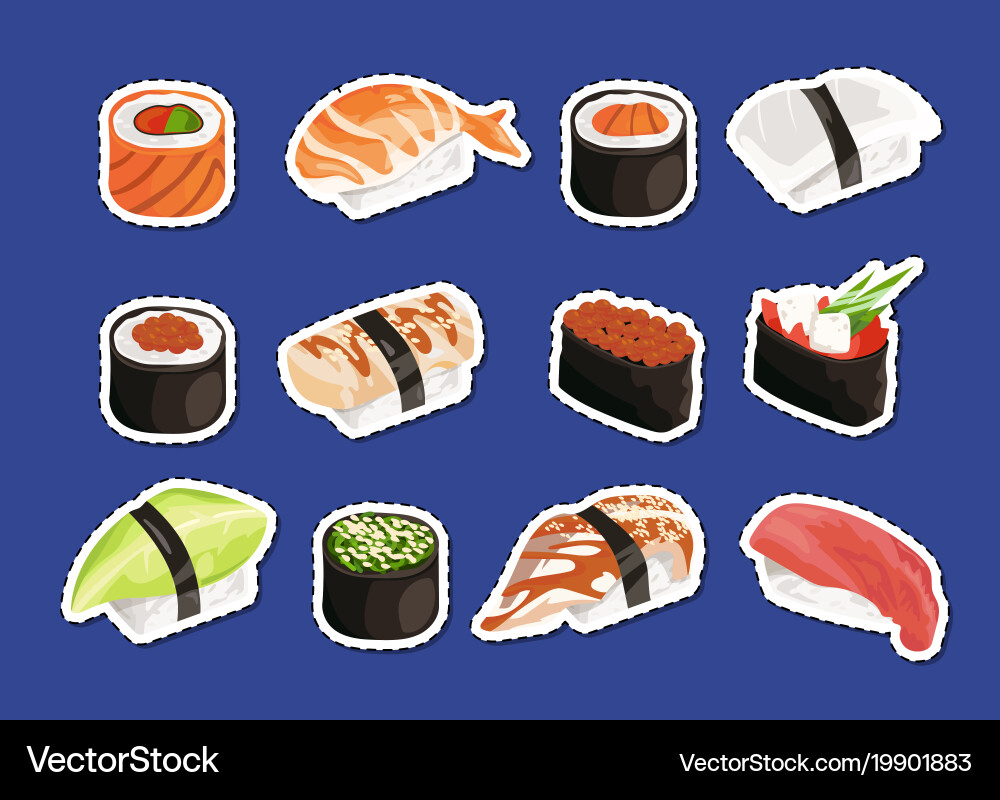 Cartoon sushi stickers set isolated Royalty Free Vector