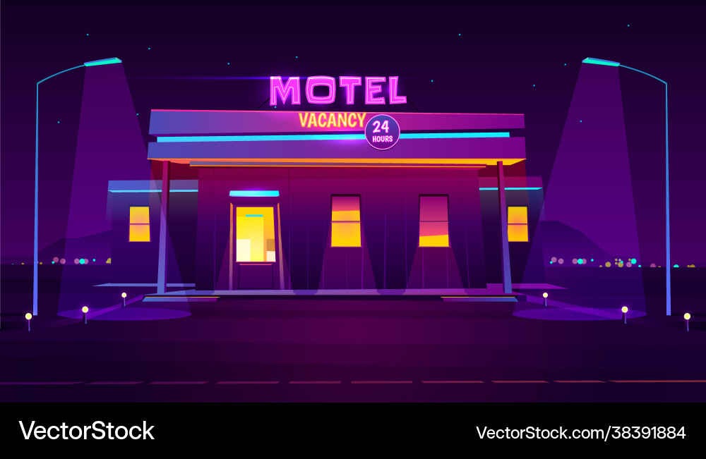 Illuminated road motel building cartoon Royalty Free Vector