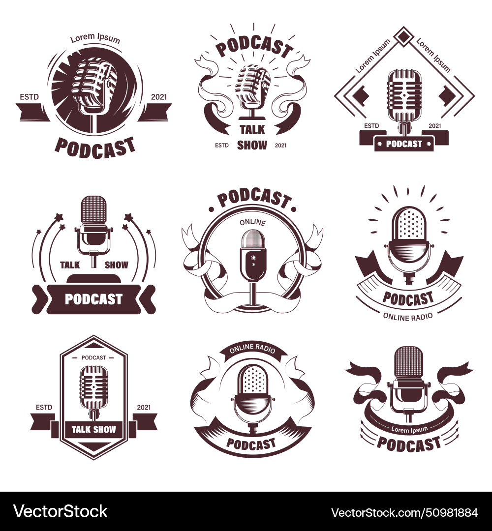 Podcasts symbols and emblems with vintage mic Vector Image