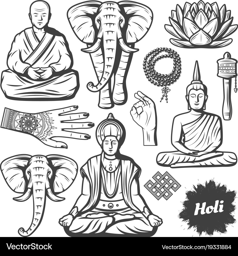 Vintage buddhism religion elements set Royalty Free Vector