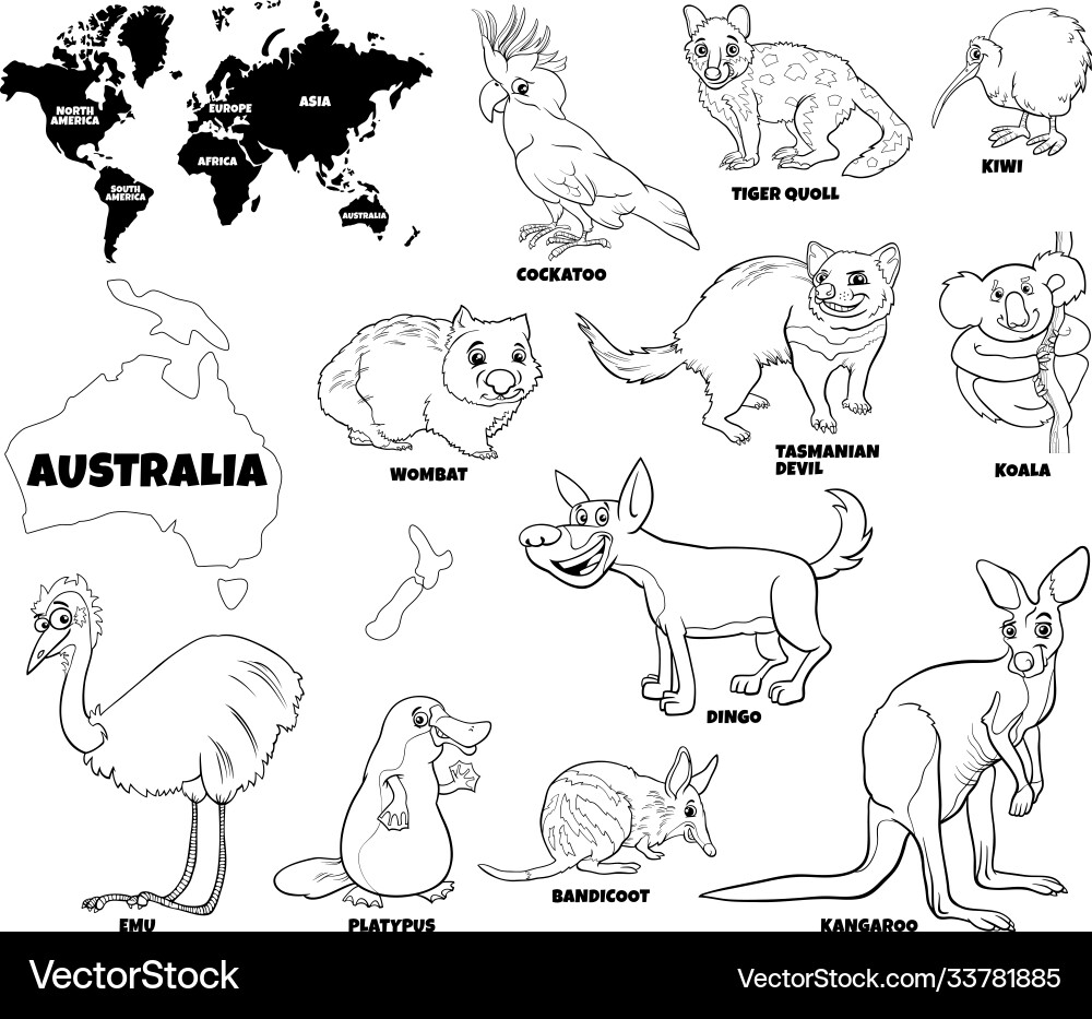 Australian Animals Coloring Page - Kids Royalty Free Vector