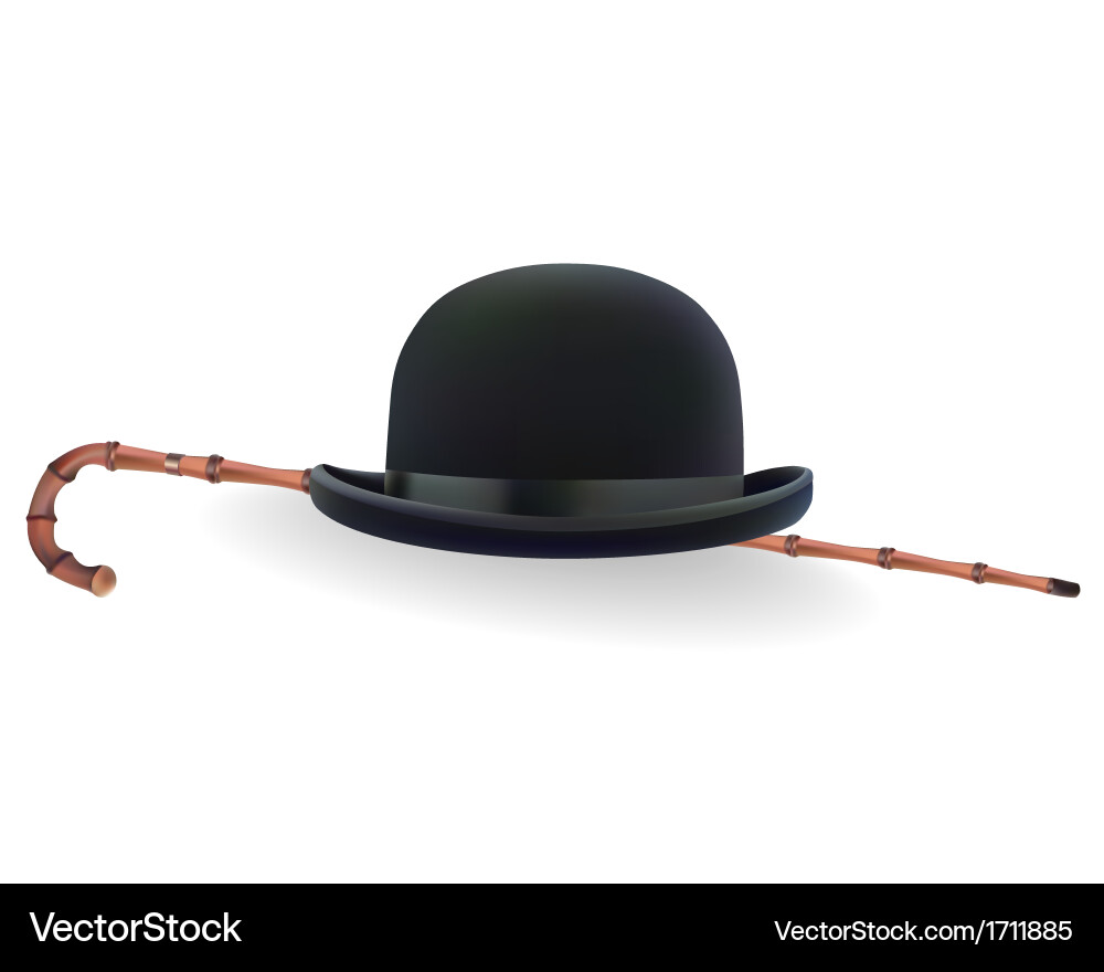 Black Bowler Hat with Bamboo Cane Royalty Free Vector Image