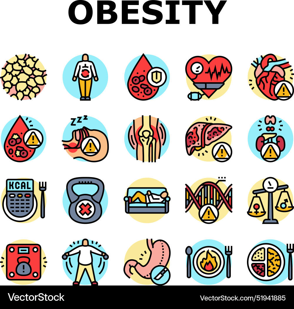 Obesity overweight fat obese icons set Royalty Free Vector