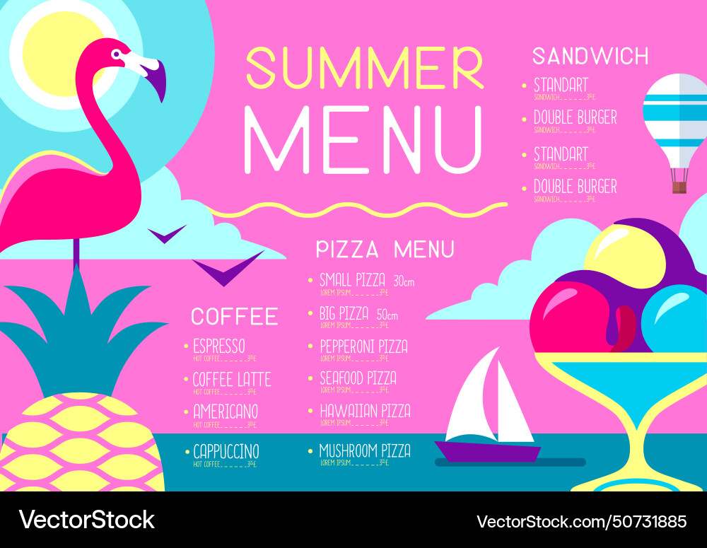 Retro summer restaurant menu design with flamingo Vector Image