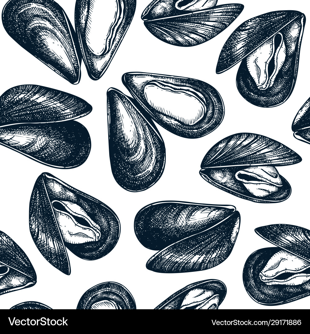 Hand drawn mussels seamless pattern package Vector Image