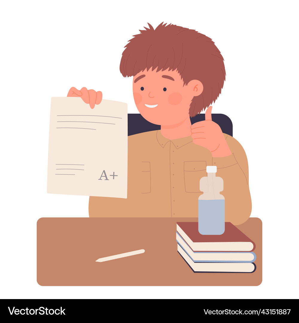 Boy pupil with good exam result Royalty Free Vector Image
