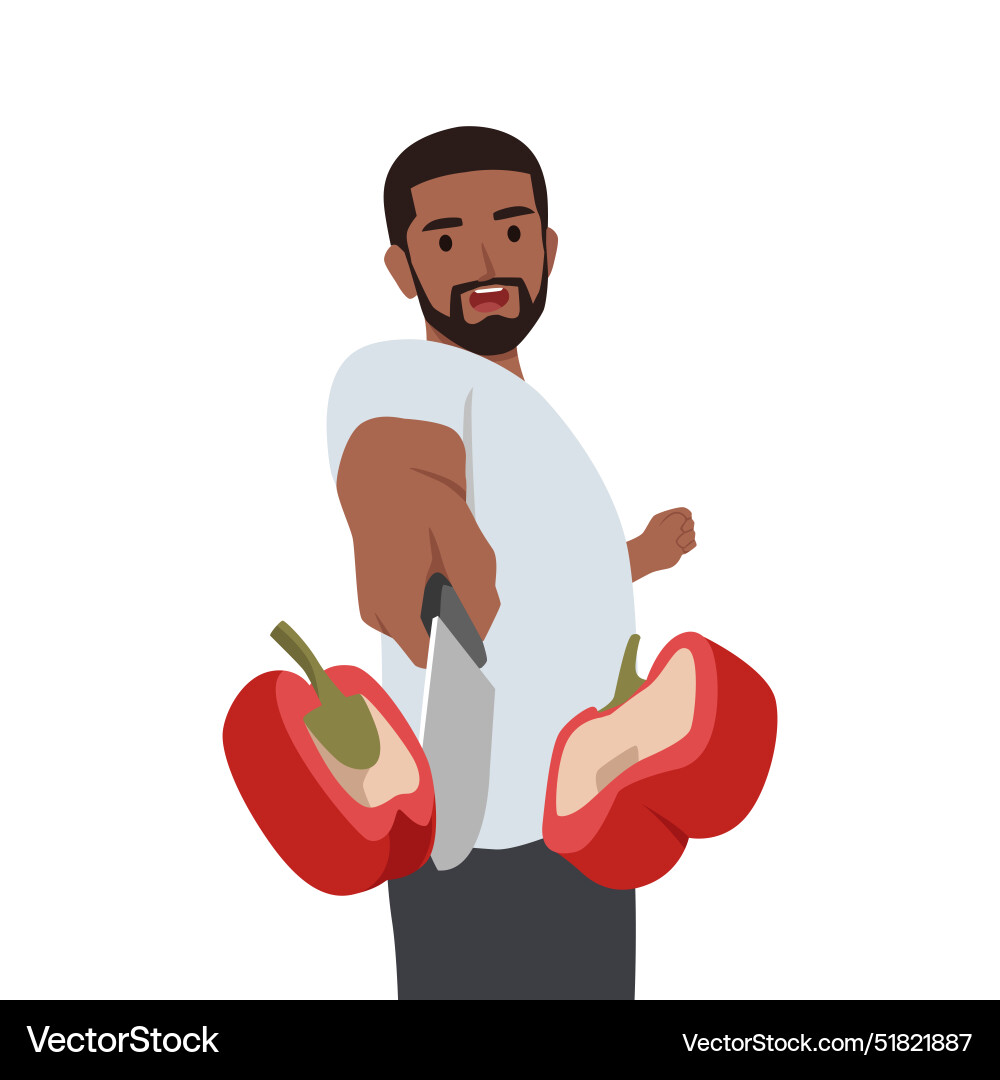 Midsection of bearded man cutting bell peppers Vector Image