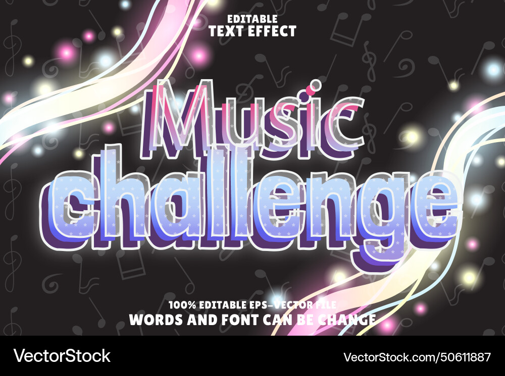 Music challenge editable text effect emboss neon Vector Image