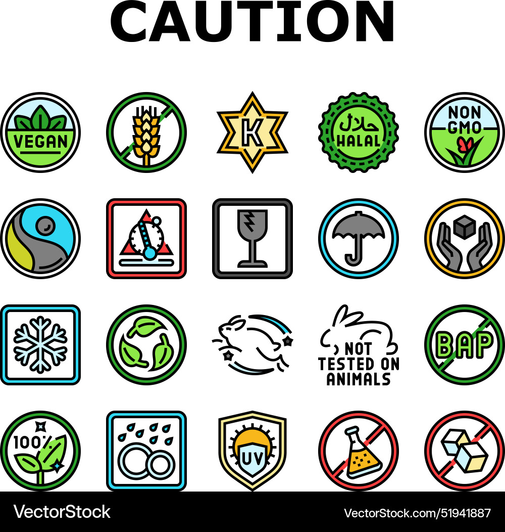 Product caution label warning icons set Royalty Free Vector