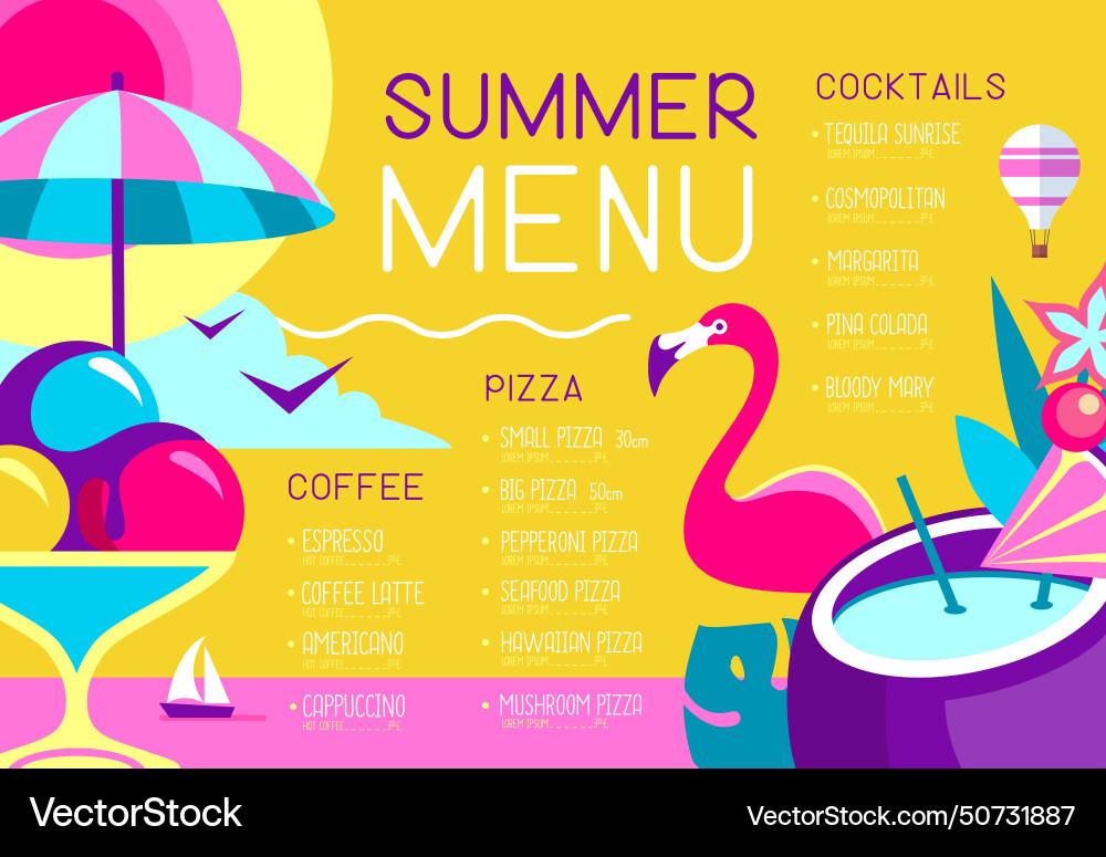 Retro summer restaurant menu design with flamingo Vector Image