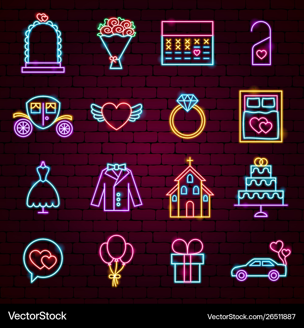 Save the Date Neon Icons - Wedding Theme Vector Image