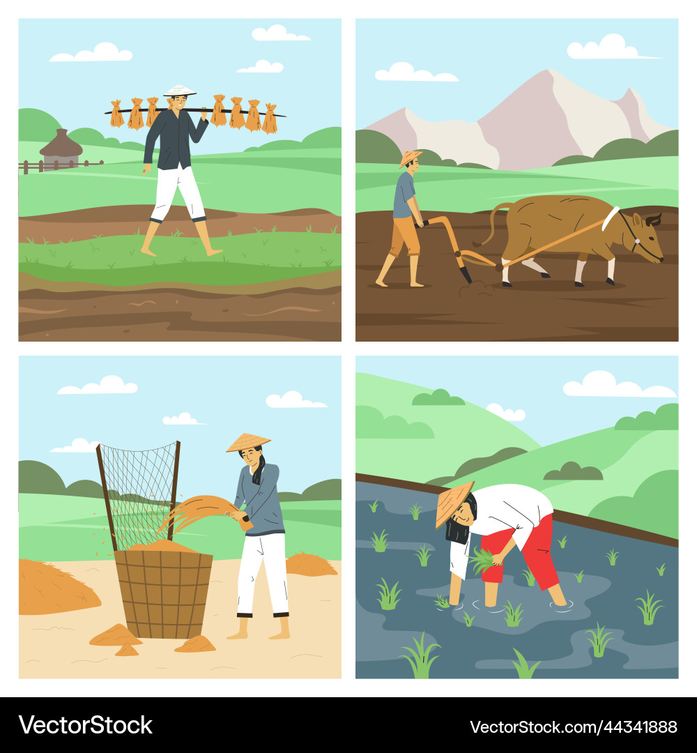 Asian farmers 2x2 set Royalty Free Vector Image
