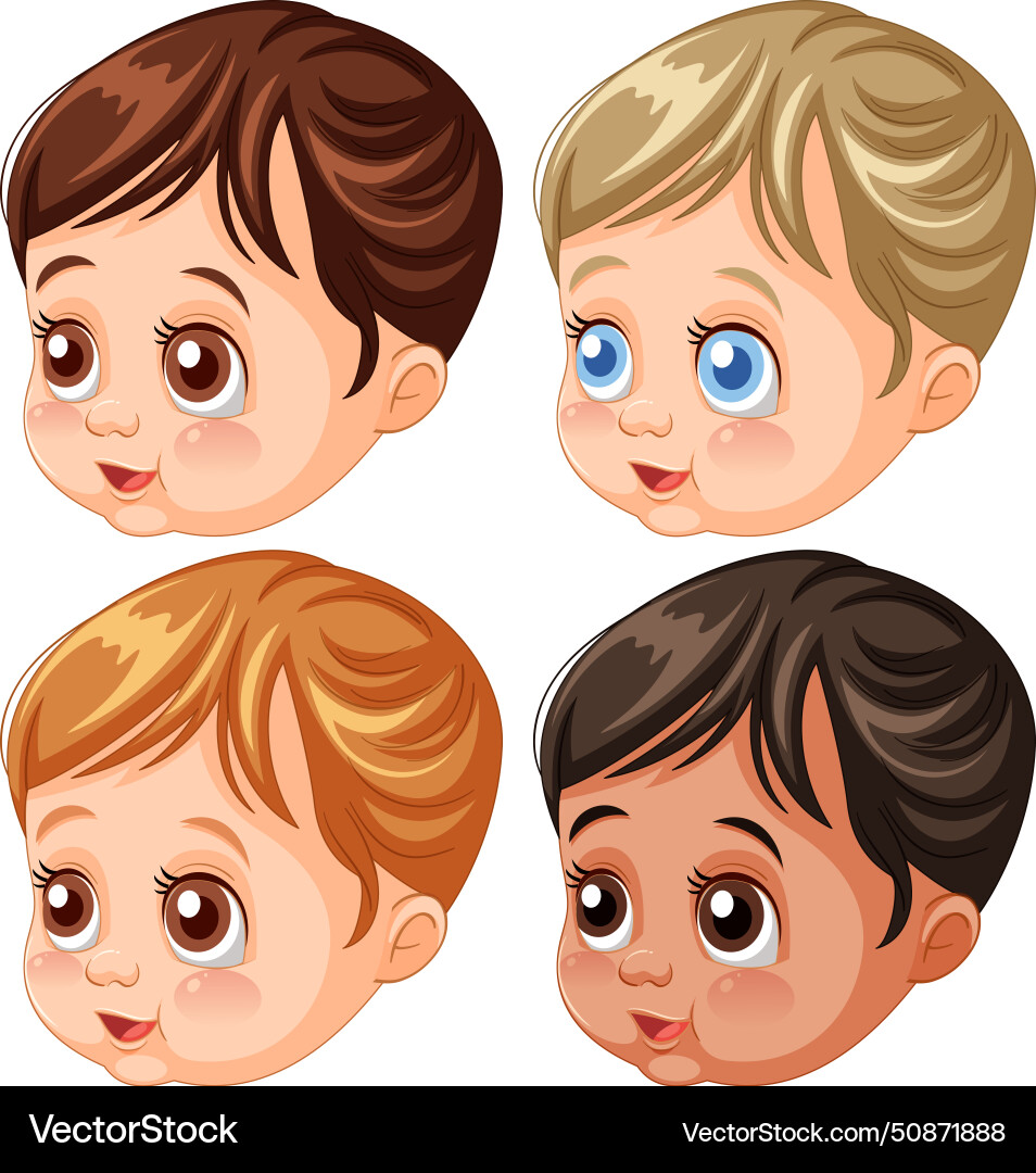 Four cute animated toddler faces with different Vector Image