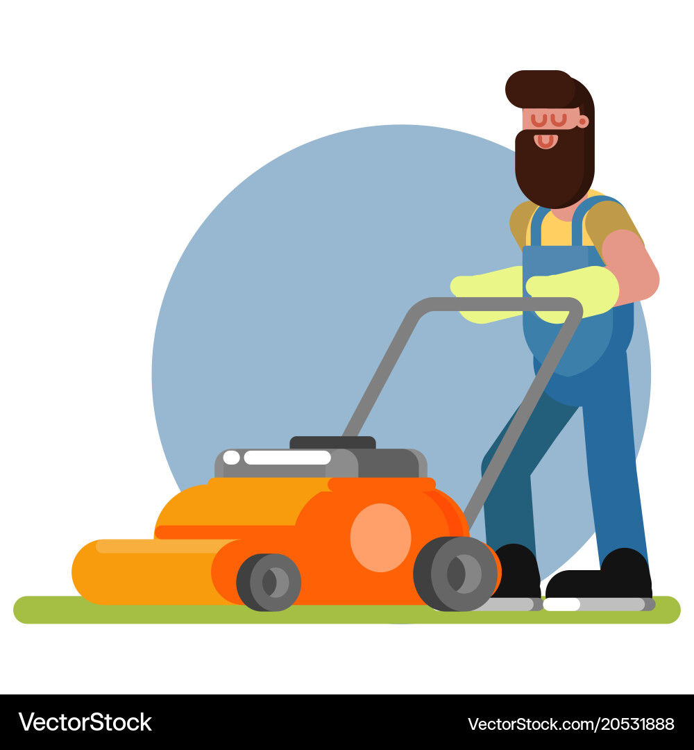 Man works with a lawn mower Royalty Free Vector Image