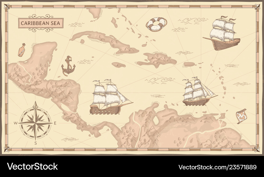 Caribbean Pirate Map - Ancient Routes Royalty Free Vector
