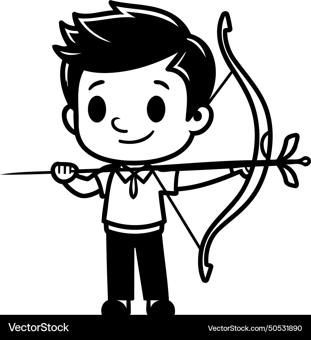 Cute boy with bow and arrow black white Royalty Free Vector