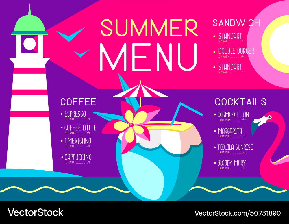 Retro summer restaurant menu design with flamingo Vector Image