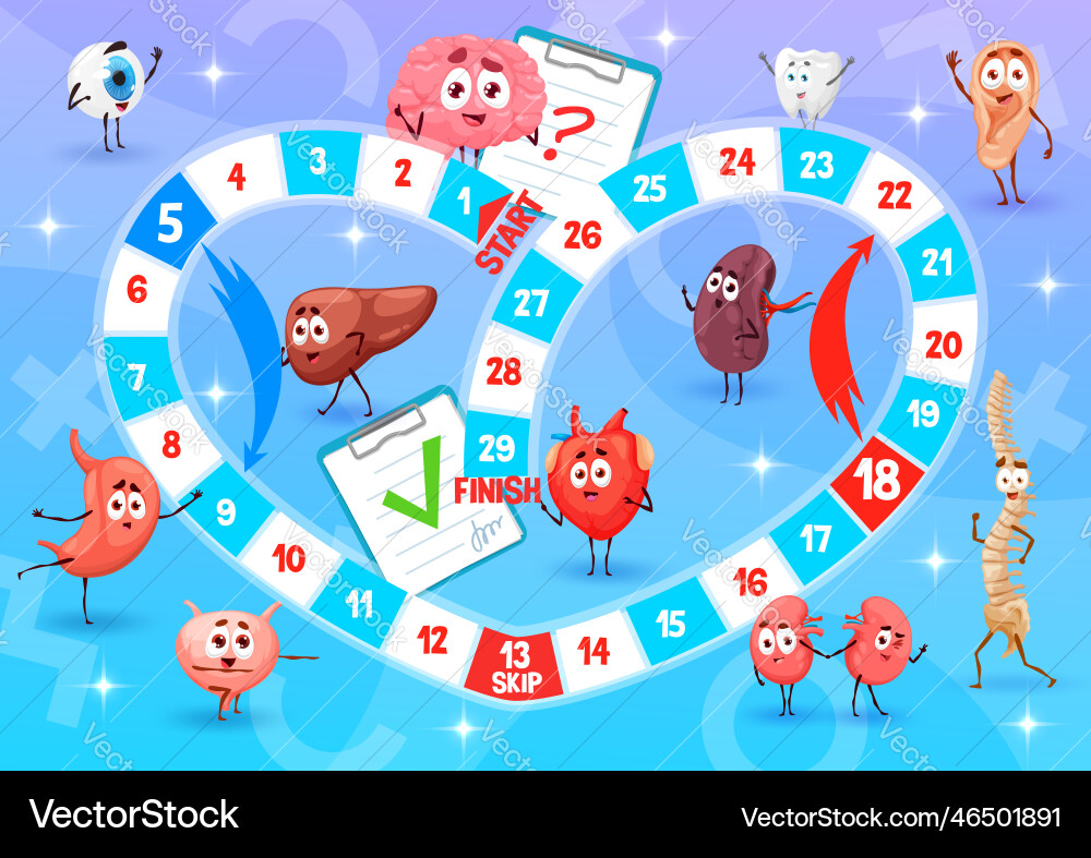 Board step game worksheet with cartoon organs Vector Image