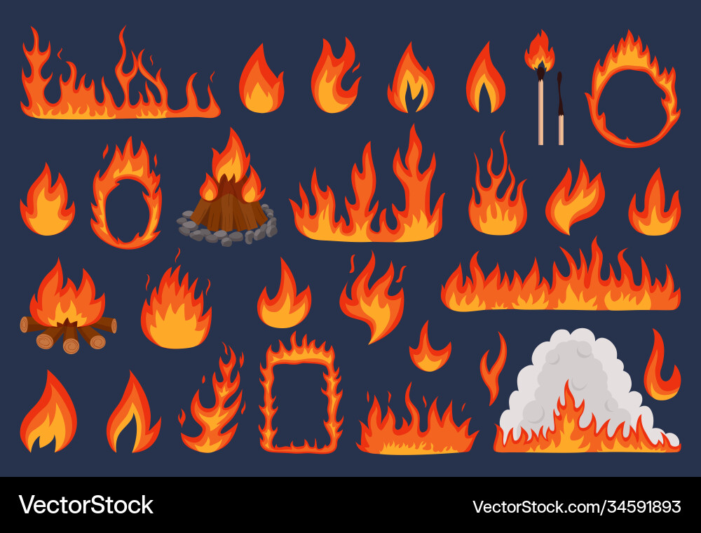Flame fire set cartoon flat Royalty Free Vector Image