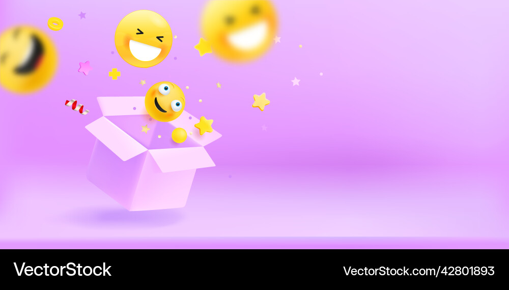 Open box with confetti and emojis surprise Vector Image