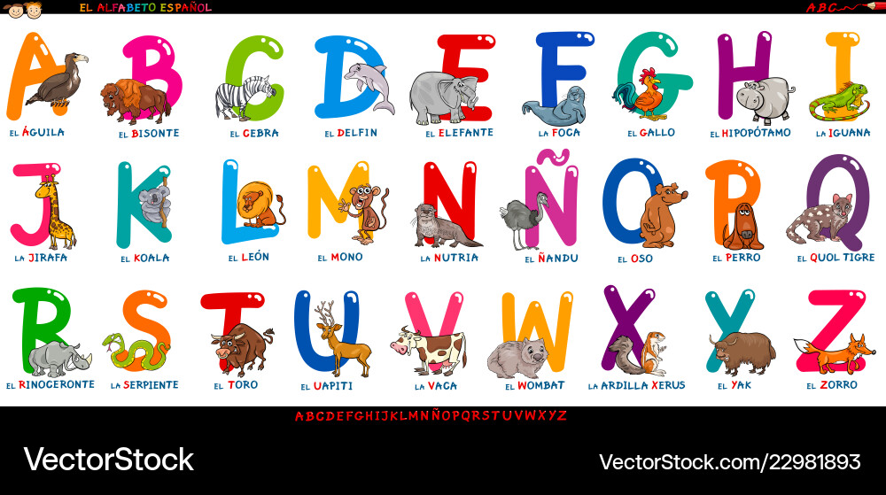 Spanish Alphabet with Cartoon Animals Royalty Free Vector