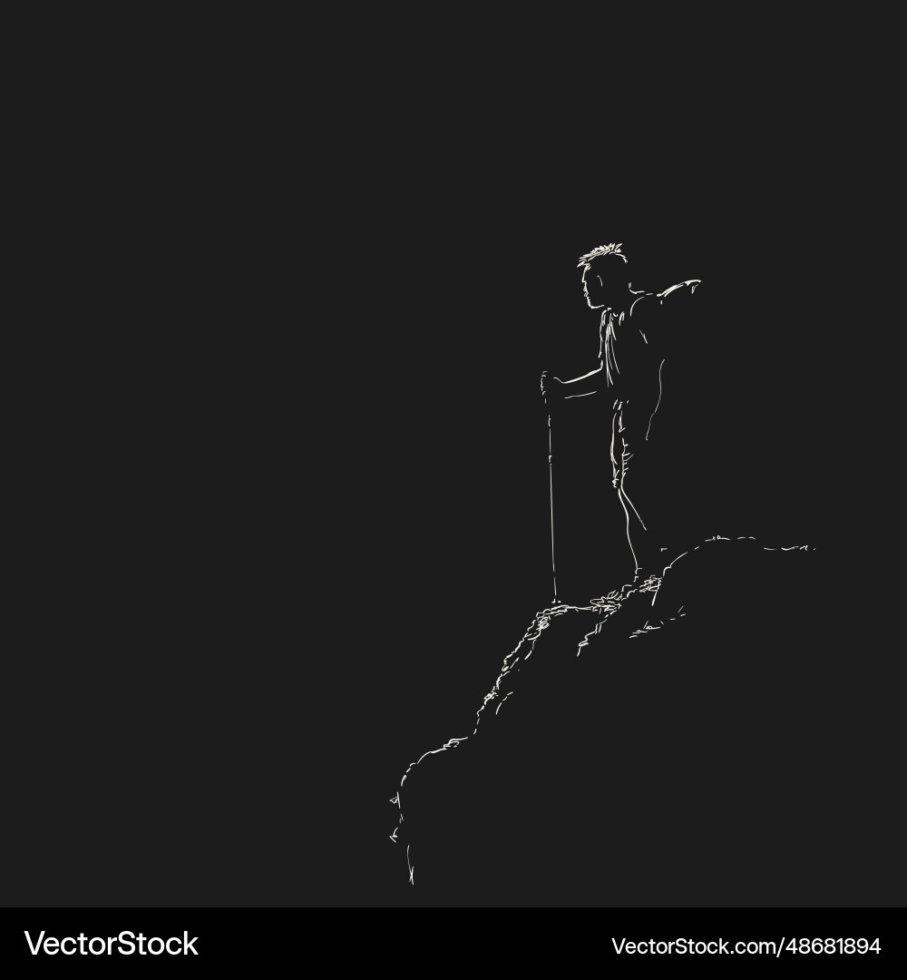 Hiking man sketch drawing white on black Vector Image