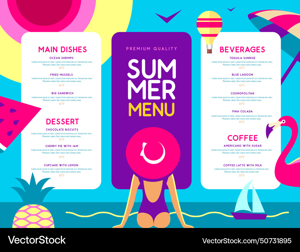Retro summer restaurant menu design with flamingo Vector Image