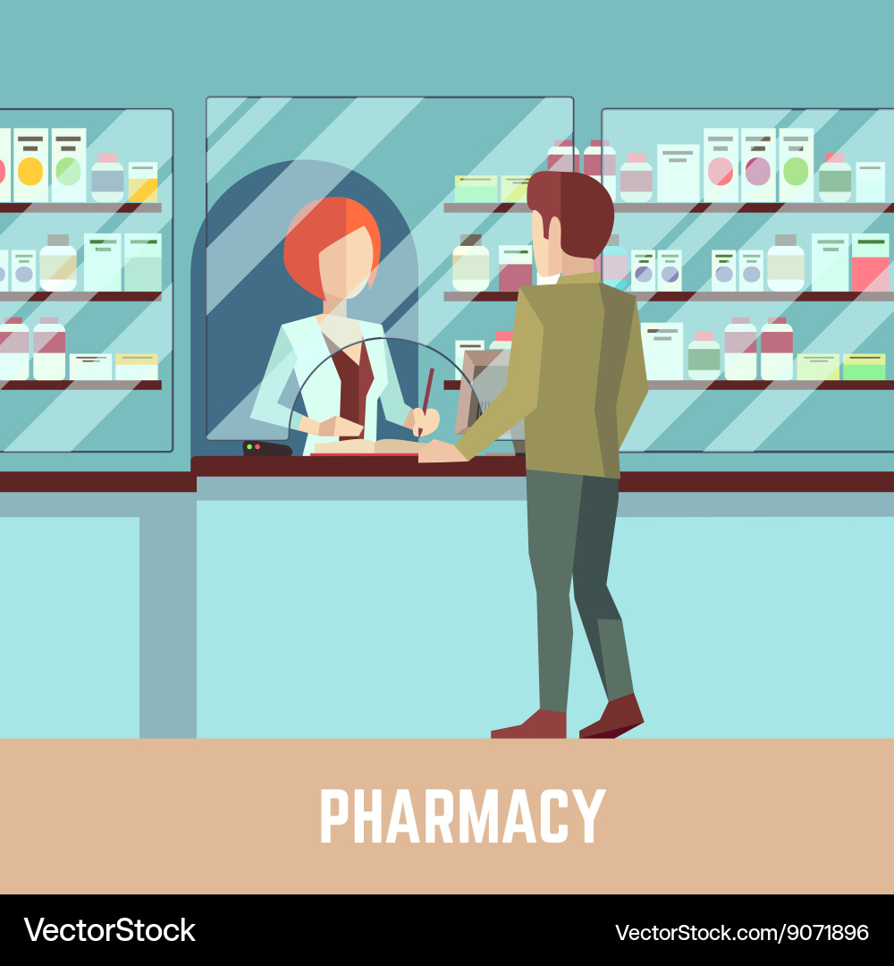 Pharmacy drugstore with pharmacist and customer Vector Image