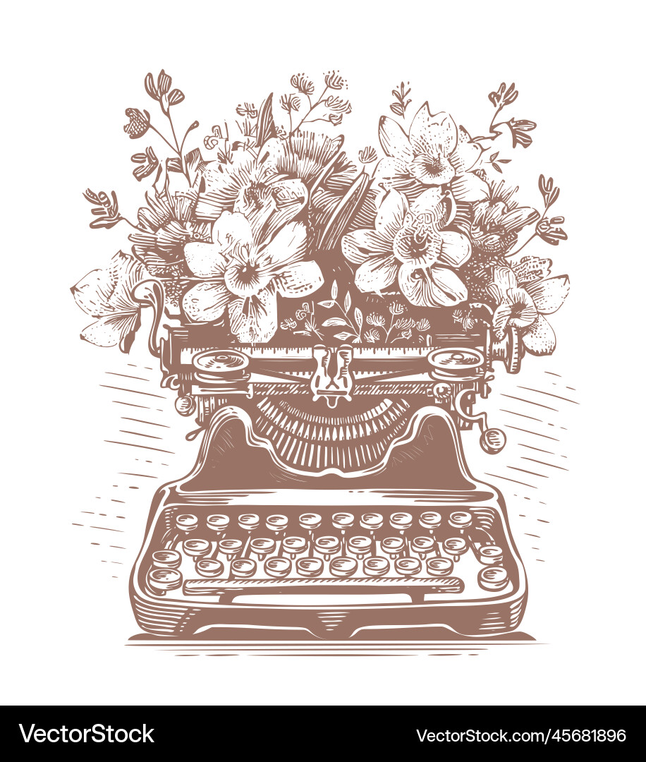 Vintage typewriter machine with flowers sketch Vector Image