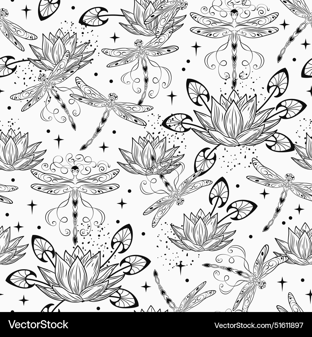 Fantasy pattern with lotus flower dragonflies Vector Image