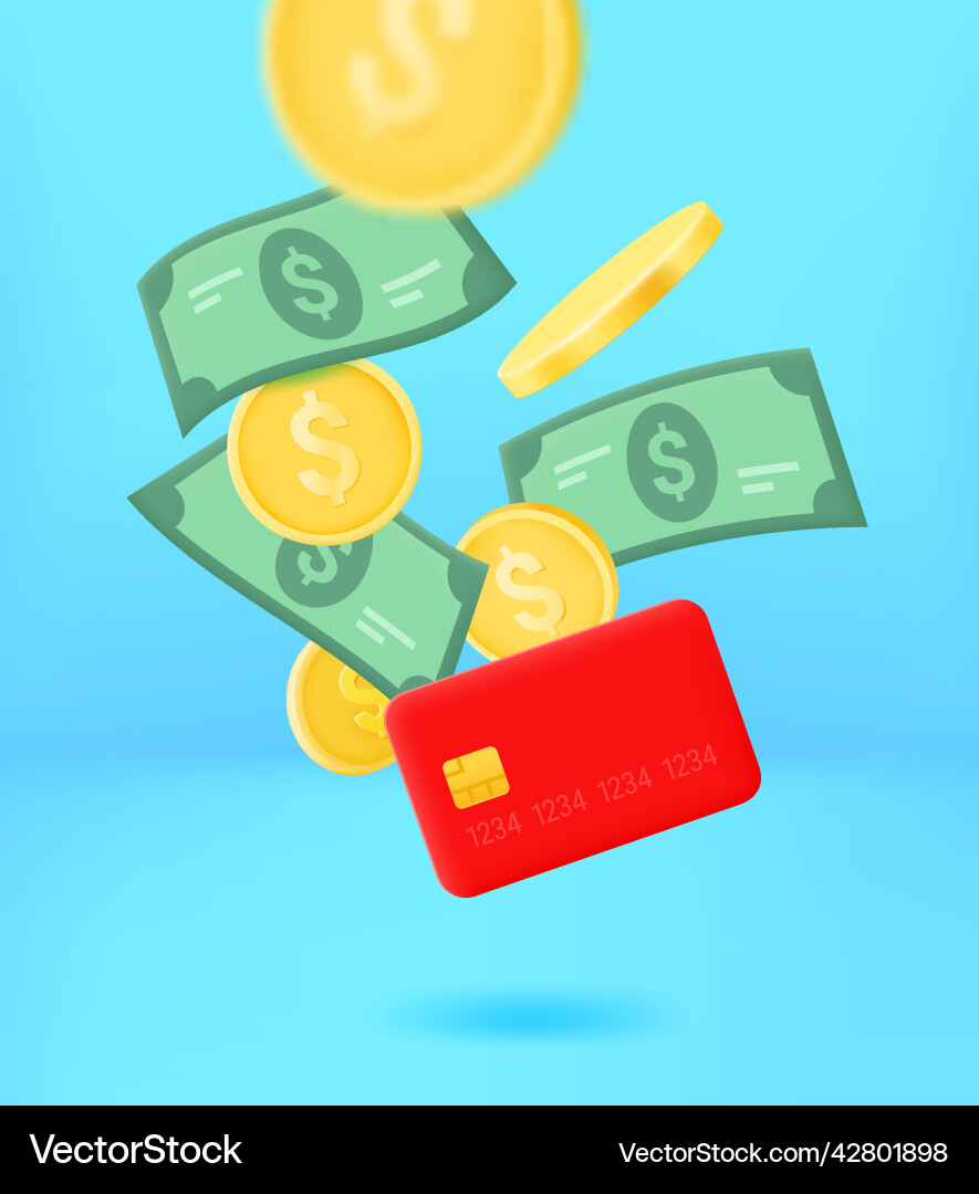 Credit card coins and banknotes falling down 3d Vector Image
