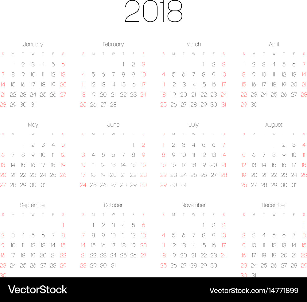 Calendar - year 2018 week starts from Royalty Free Vector