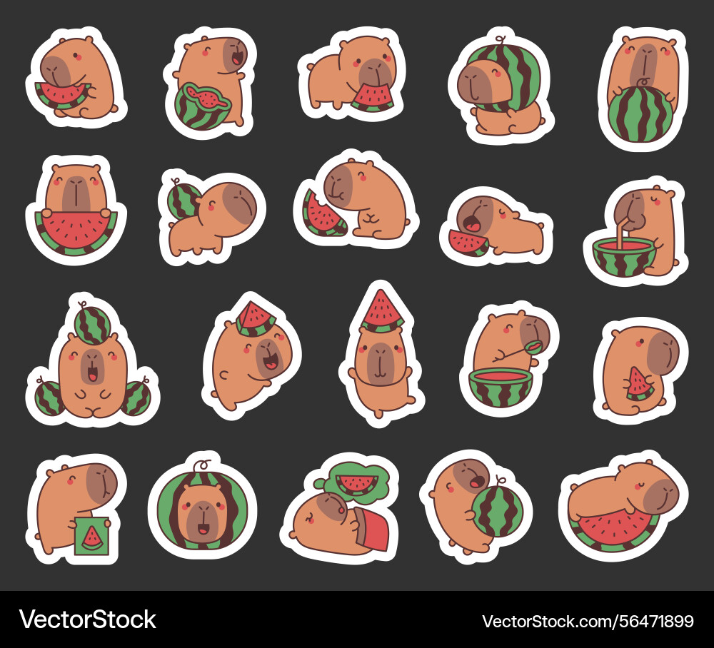 Capybara cartoon characters with watermelon fruit Vector Image