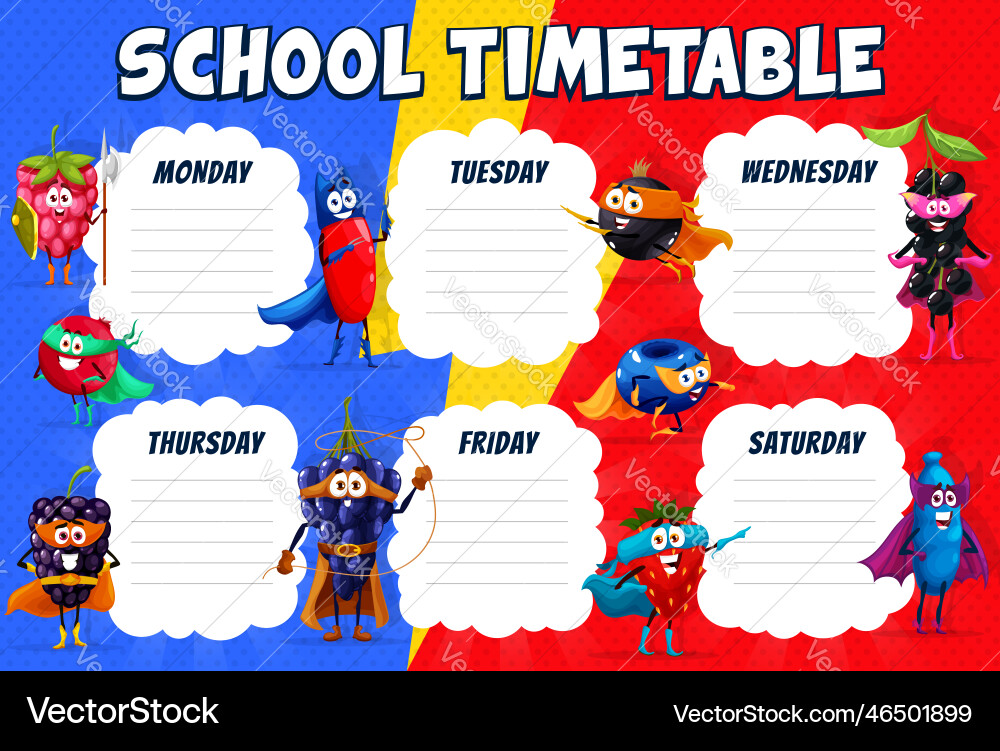 Timetable cartoon superhero berry characters Vector Image