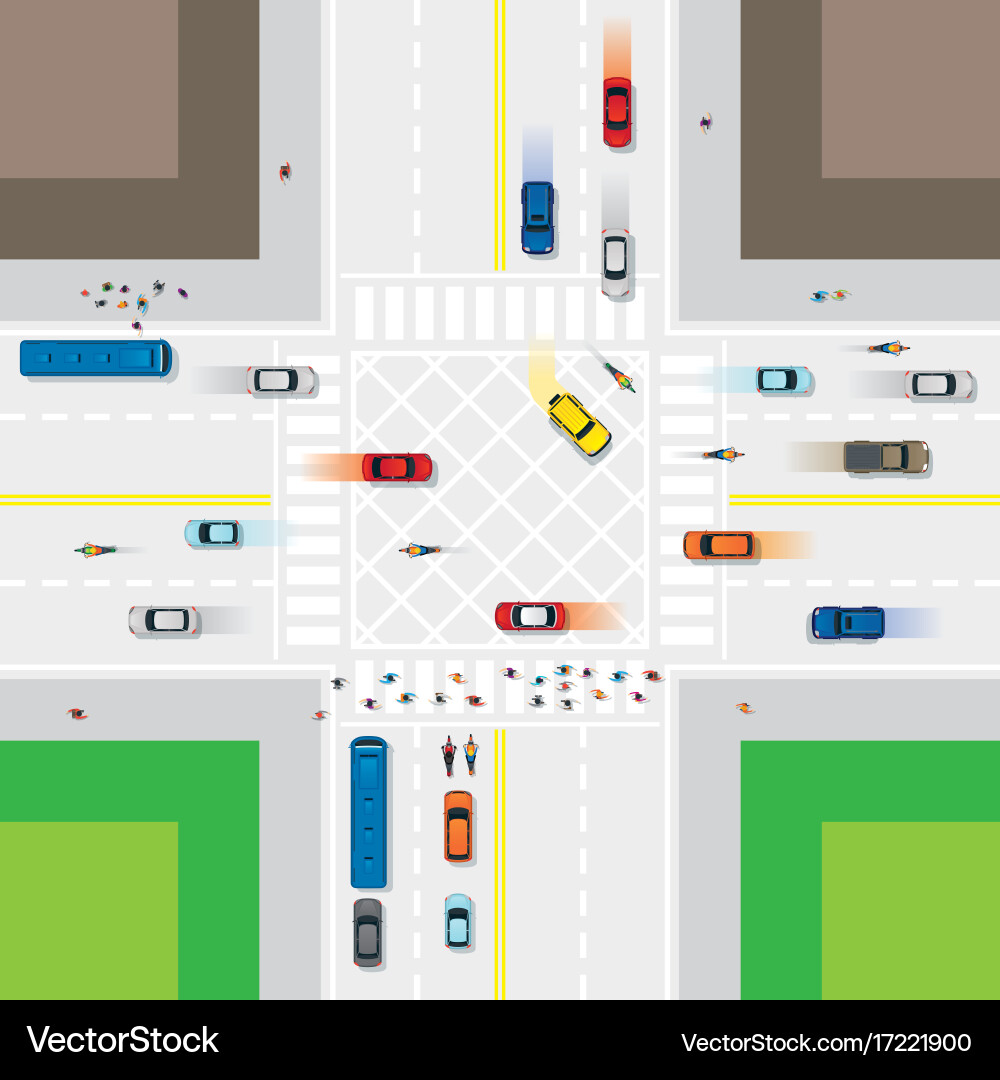 Road and junction with people vehicles Royalty Free Vector
