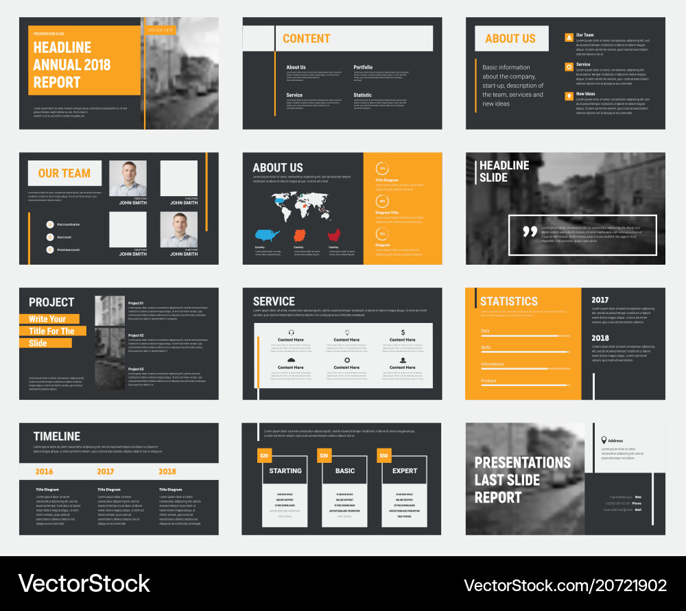 Black slides with gray and orange design elements Vector Image